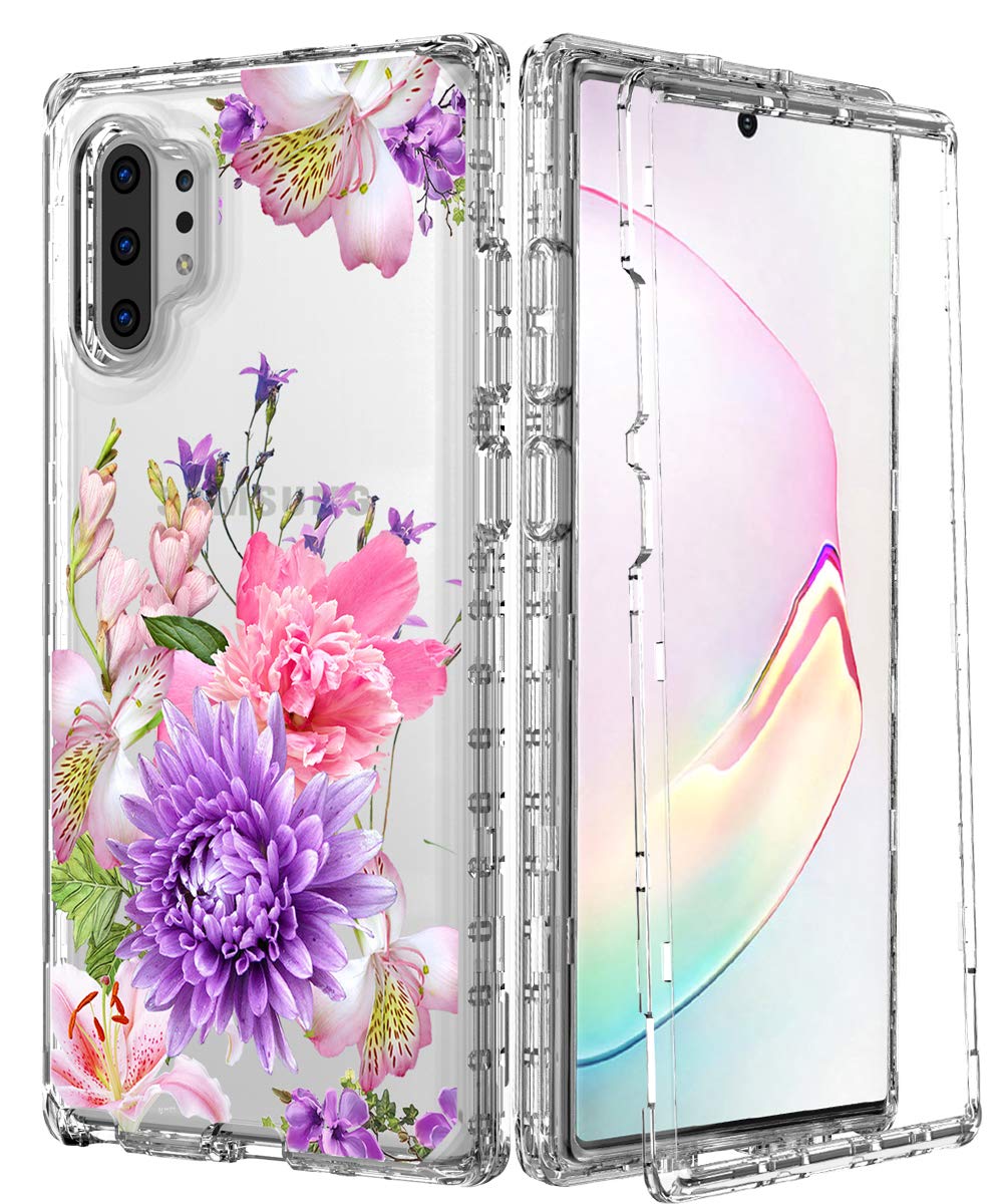 IN4U Galaxy Note 10 Plus Case, Full Body Military Grade Shockproof Transparent 3in1 Flower Design 360 Protective Cover Without Built-in Screen Protector for Samsung Galaxy Note 10 Plus (Floral)