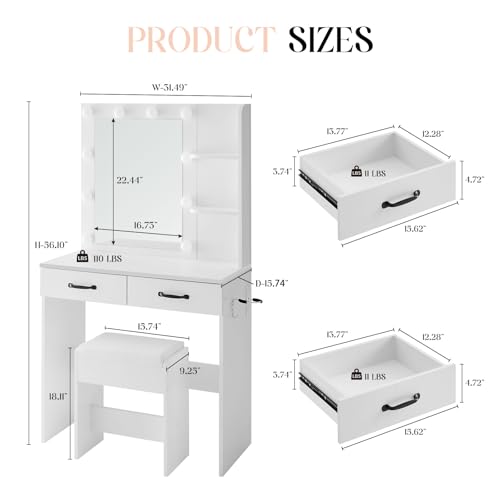 Vanity Desk with HD Mirror and Brighter Lights, 3-Colour Hollywood Brighter Bulbs, Cushioned Storage Stool, 6 Storage Spaces, Vanity with Power Strip & Hairdryer Holder, Bedroom Makeup Vanity, White
