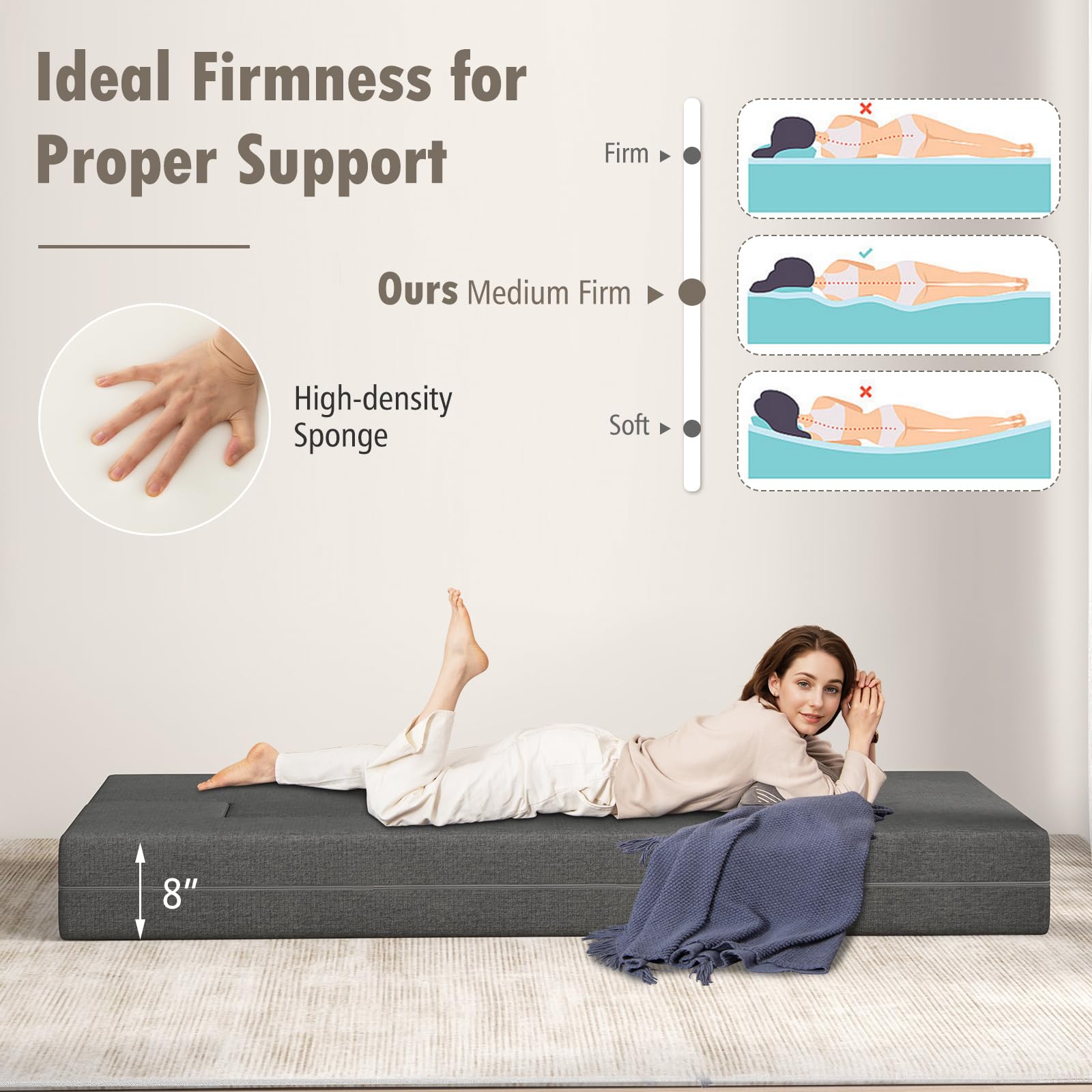 RELAX4LIFE Convertible Folding Sofa Bed - Medium Firm Fold Out Futon Couch w/8ββ Memory Foam, Washable Cover, Floor Lounge Sleeper Mattress for Living Room Guestroom Home Office Dorm Apartment (Twin)