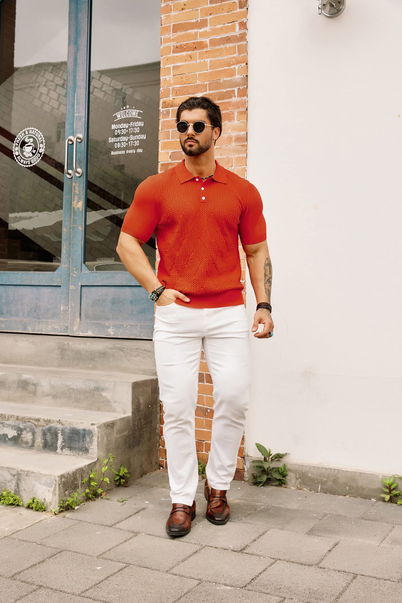 Mens Texture Knit Polo Shirt Vintage Casual Button Down Golf Shirt Orange Red L