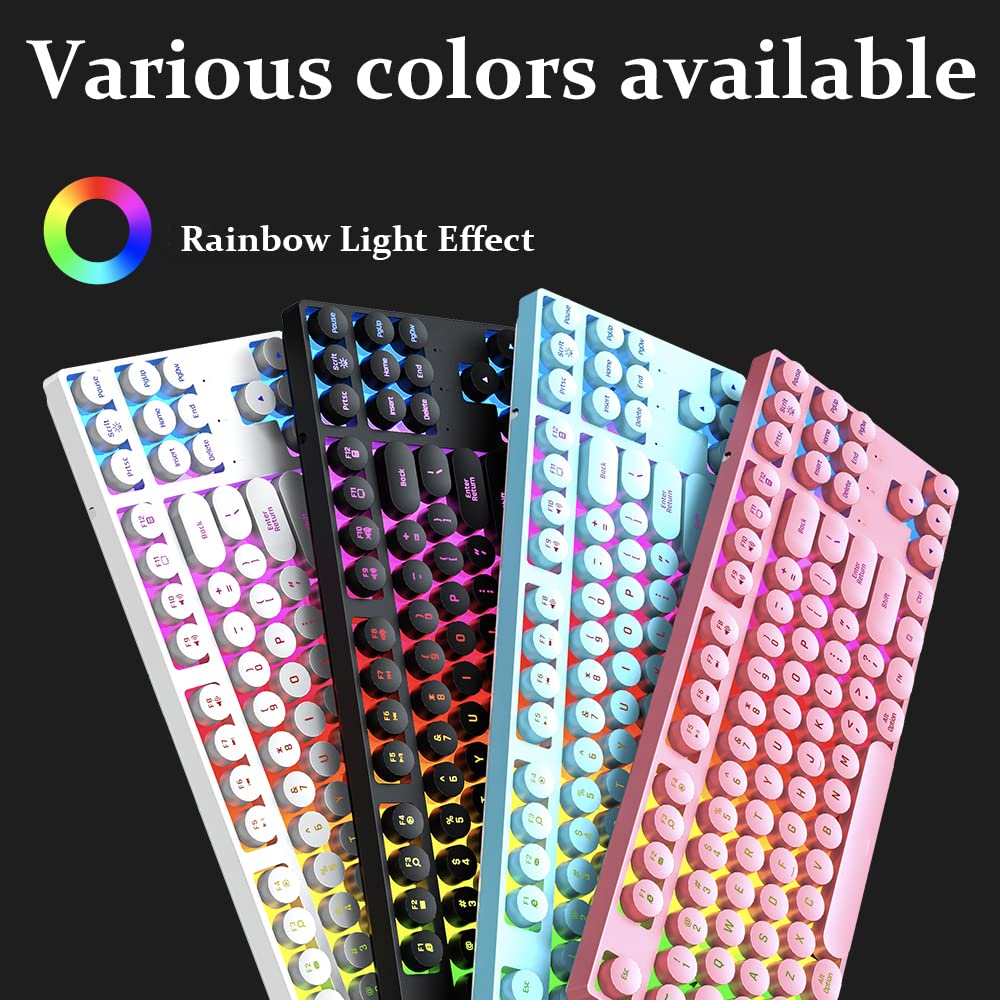 Mechanical Feel Gaming Keyboard and Mouse Combo, 87 Key Retro Punk Typewriter-Style,Rainbow Backlit Keyboard,Cool Breathing Light Lightweight Gaming Mouse for Game and Office-White