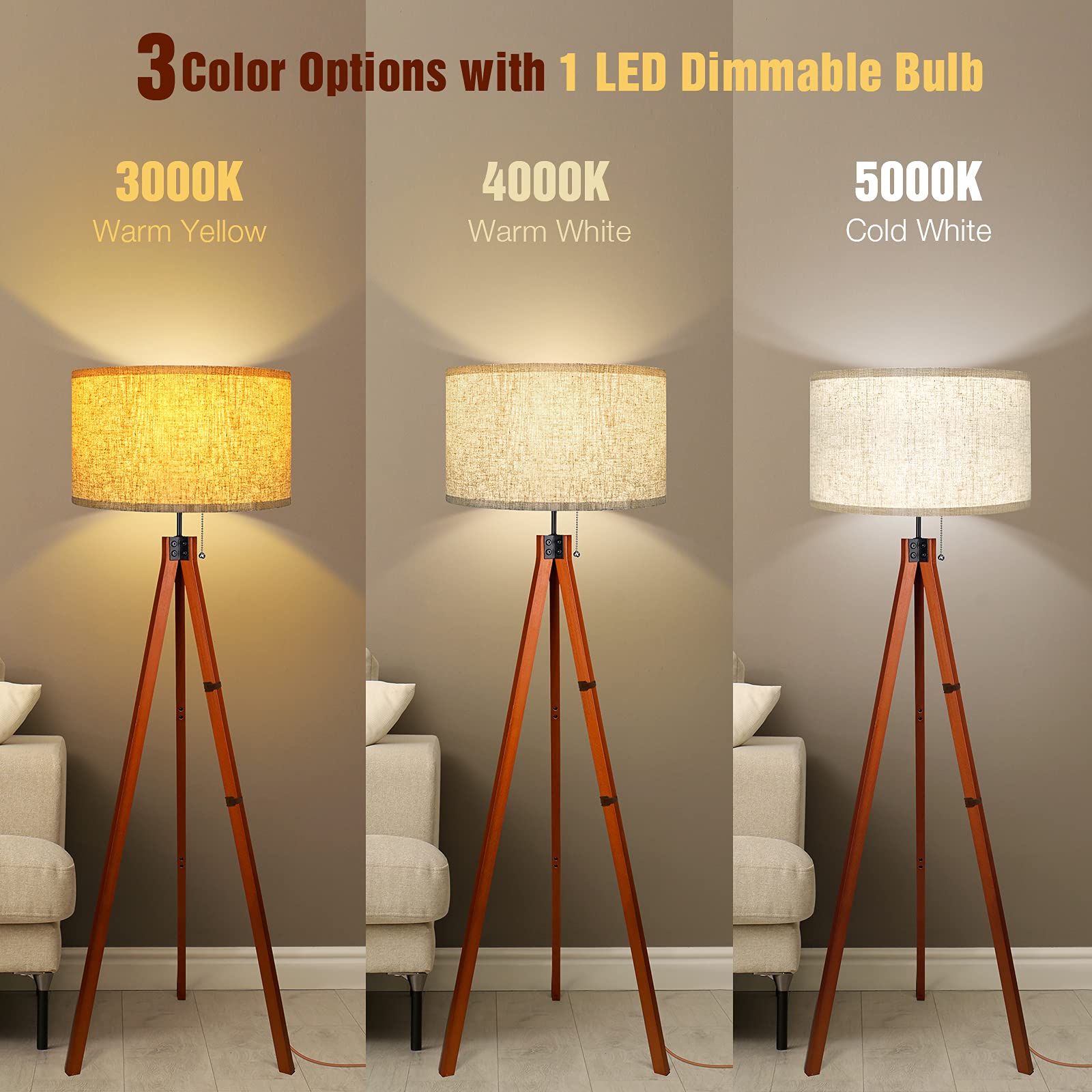 Isloys Wood Tripod Floor Lamp, 3 Color Temperatures Mid Century Modern Boho Floor Lamp, Tall Standing Lamps for Living Room Bedroom Office, Flaxen Lamp Shade with E26 Lamp Base
