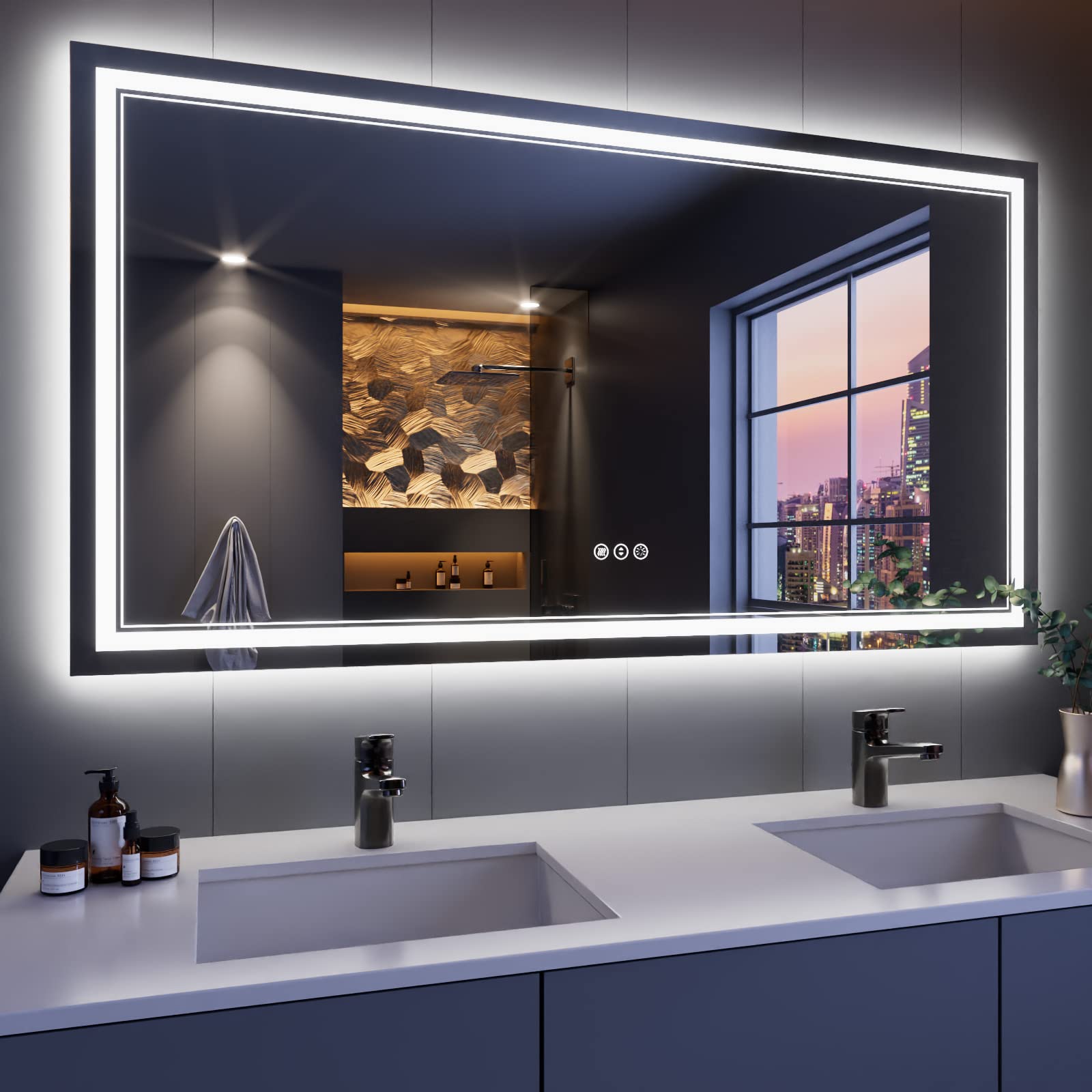 ISTRIPMF 55x30 inch LED Bathroom Mirror with Lights RGB Backlit Color Changing Lighted Vanity Mirror for Bathroom Wall Dimmable Anti-Fog Led Mirror for Bathroom(RGB Backlit + 3 Front-Lighted)