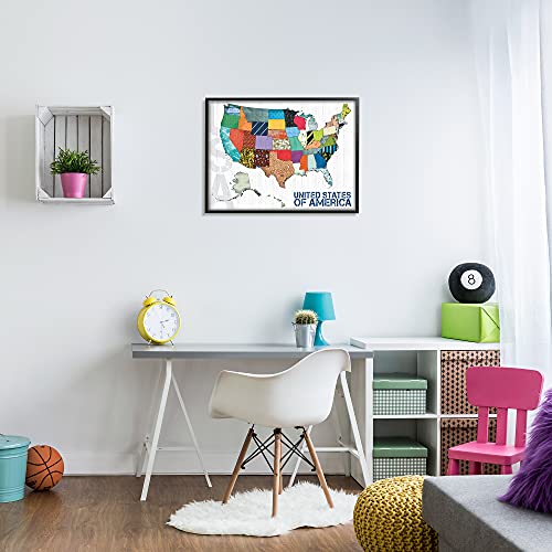 Stupell Industries United States of America Map Quilted Pattern Borders, Designed by Lauren Gibbons Black Framed Wall Art, 24 x 30, Multi-Color