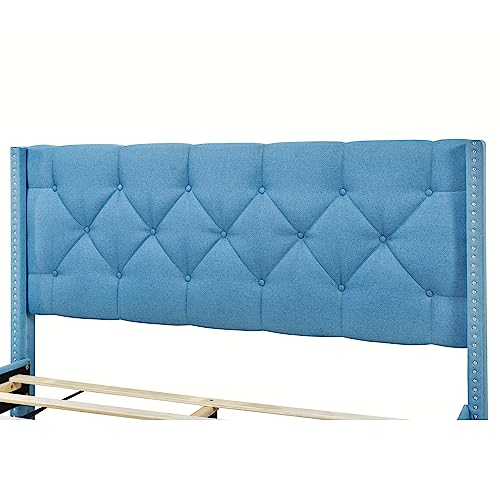 Queen Platform Bed with Headboard,Upholstered Linen Wood Bed Frame with Two Storage Drawers for Kids Girls Boys Teens Adults, No Box Spring Needed(Blue)