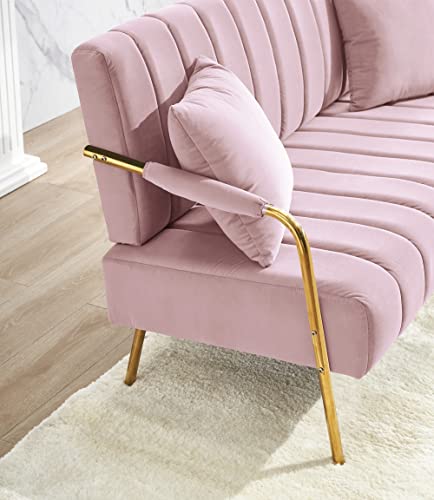 Yoluckea Loveseat Sofa Small Couch, Upholstered Love Seats Furniture with Two Throw Pillows and Golden Metal Legs Suitable for Small Spaces (Pink)