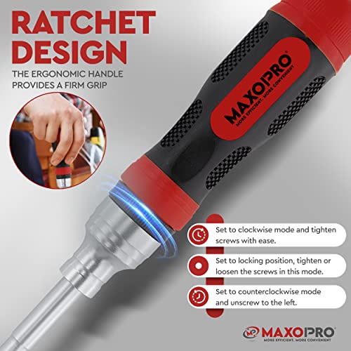 MaxoPro Ratcheting Screwdriver Set with Magnetic Tips - 19 In 1 Ratchet Multi Screwdriver - Portable and Multipurpose All In One Screwdriver, Phillips//Torx-Star/Hex/Square Bits