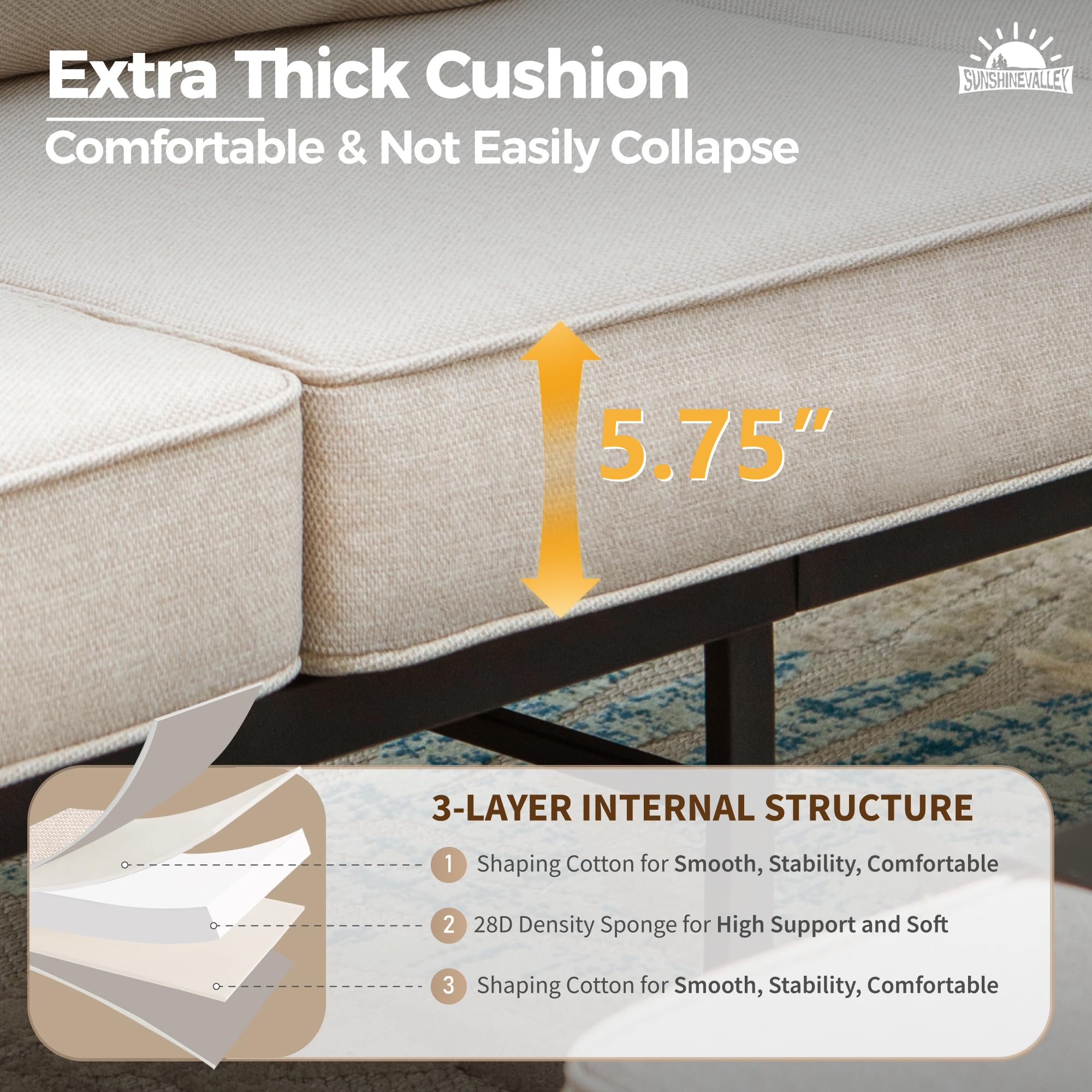 SUNSHINE VALLEY Metal Patio Furniture Sofa with 5.75" Super-Thick Waterproof Cushion, 3-Seater Deep Seating & High-Back Outdoor Couch for Patio Backyard Deck Front Porch