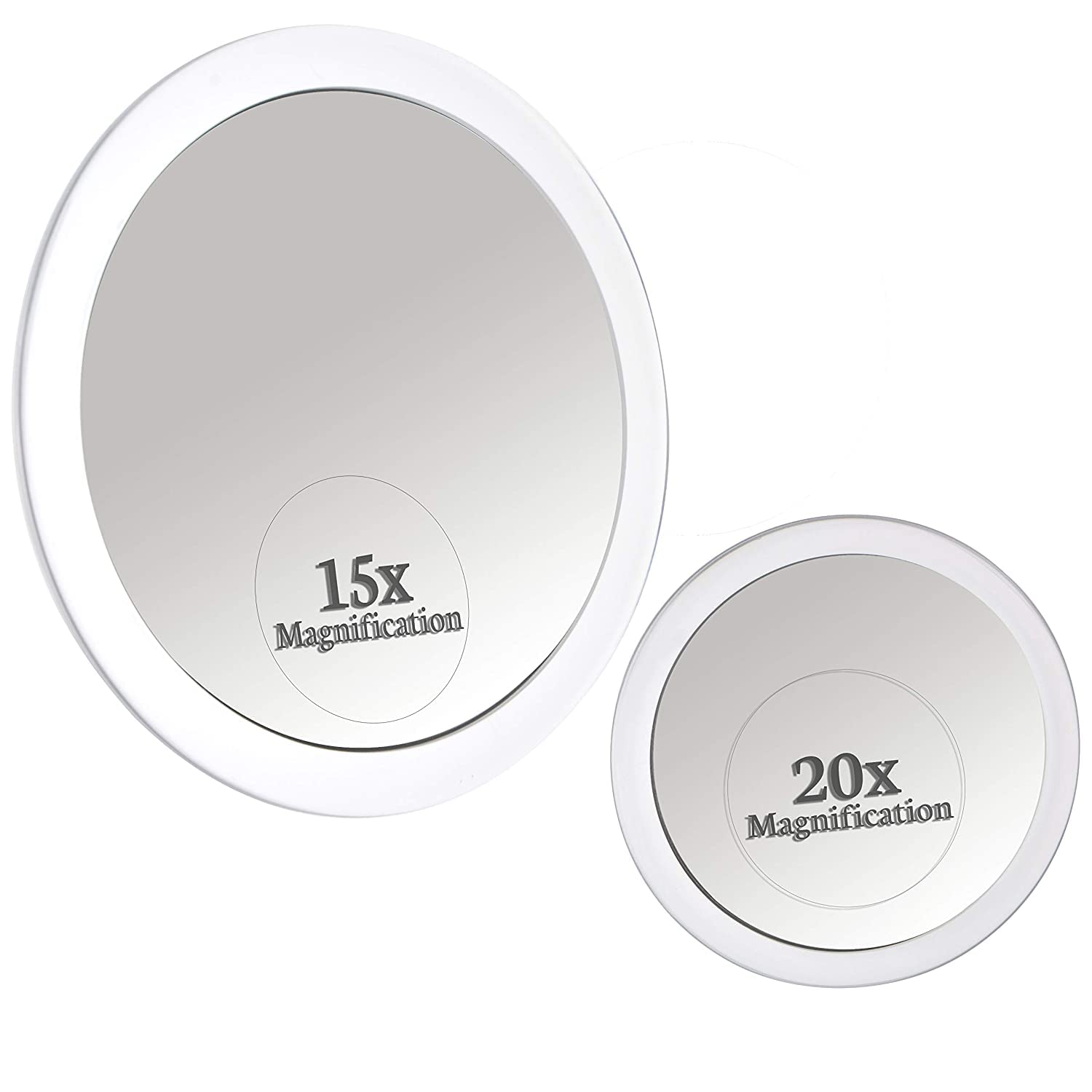 MIRRORVANA 20X & 15X Magnifying Mirror Set Combo with 3 Suction Cups Each and Small Pocket Size 7X Magnified Compact Mirror for Purse and Handbag Bundle