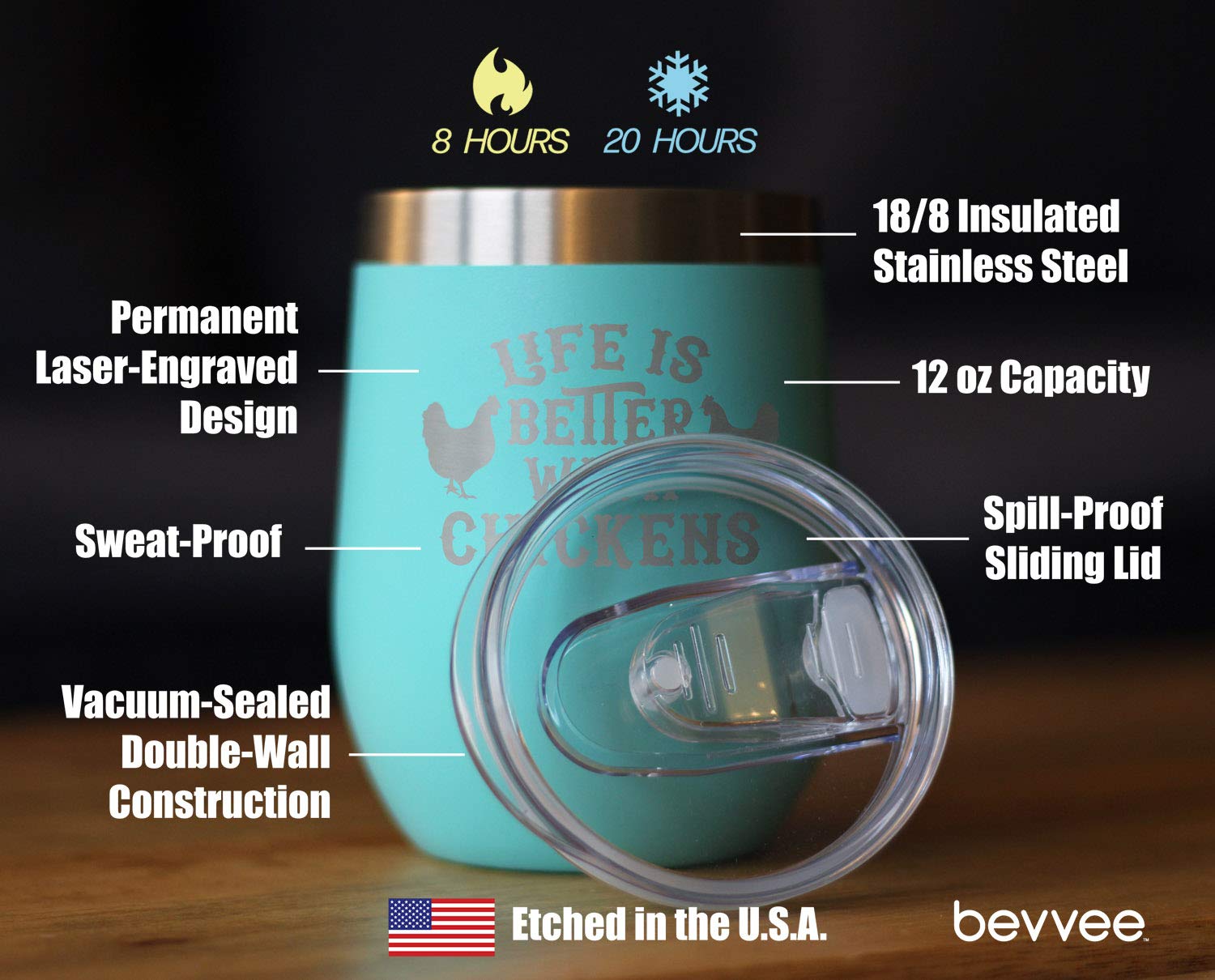 Life is Better with Chickens - Chicken Wine Tumbler with Sliding Lid - Stemless Stainless Steel Insulated Cup - Funny Outdoor Camping Mug - Teal