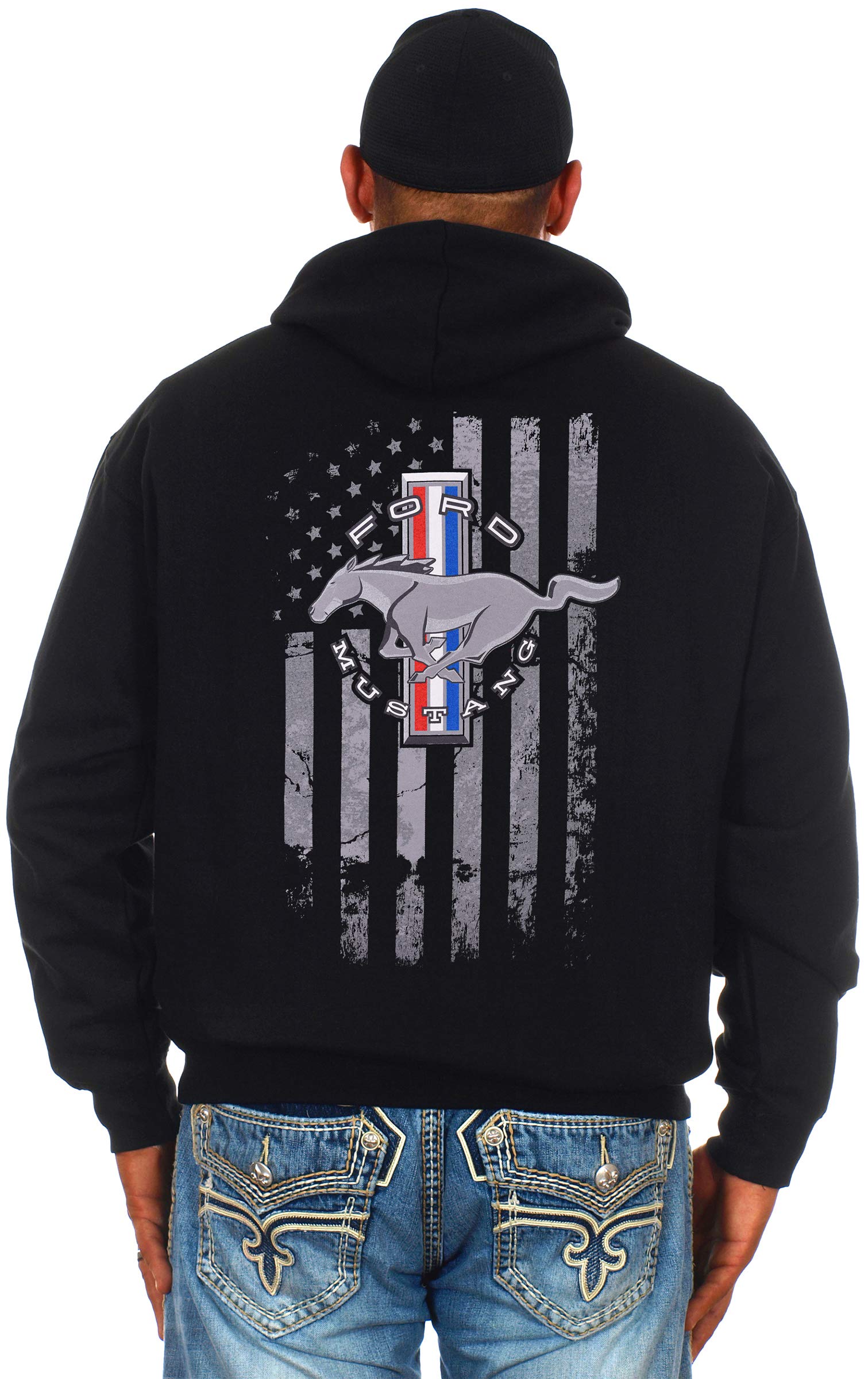 JH DESIGN GROUP Men's Ford Mustang Pullover Hoodie American Flag 2 Sided Sweatshirt (Small, Black)