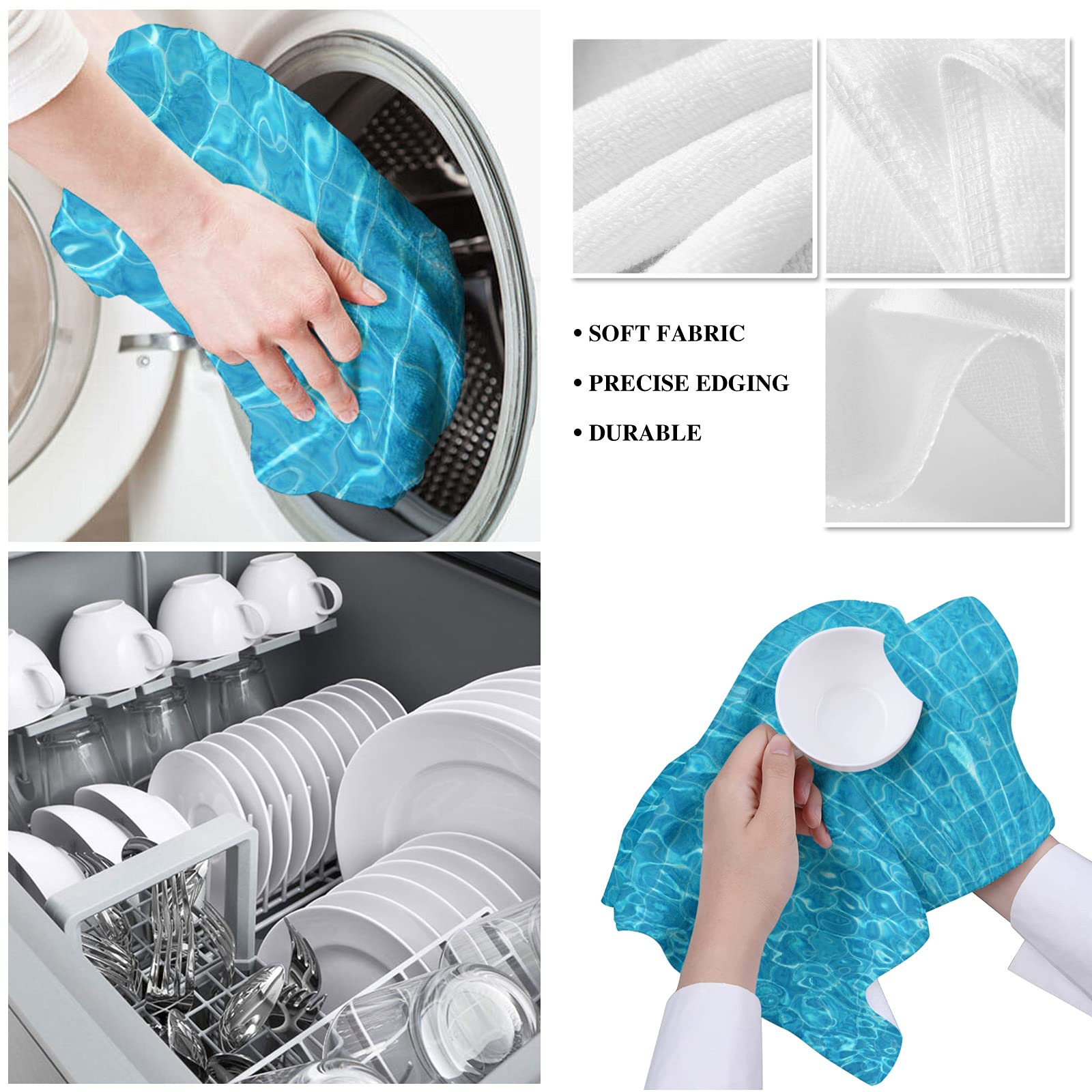 Kitchen Towels Set Swimming Pool Dish Towel Clean Water Wave Blue Summer Dishcloths 4 Pack, 18x28 Inches Absorbent Soft Cotton Dish Cloths Bar Towels & Tea Towels