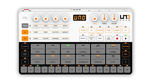 IK Multimedia UNO Drum analog and digital drum machine with 6 analog voices, 64-Step Sequencer, USB and 2.5mm MIDI, 100 pattern presets, battery-powered and portable