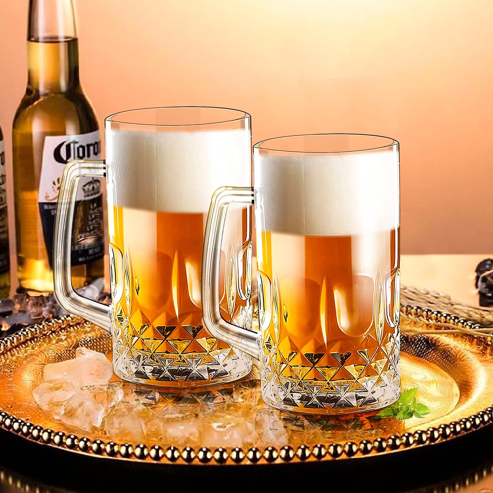 Momugs 32 Ounces Beer Stein Mugs - 2 Pack Extra Large German Style Clear Tall Beer Glasses for Men - Heavy Duty Thick Glass With Handle