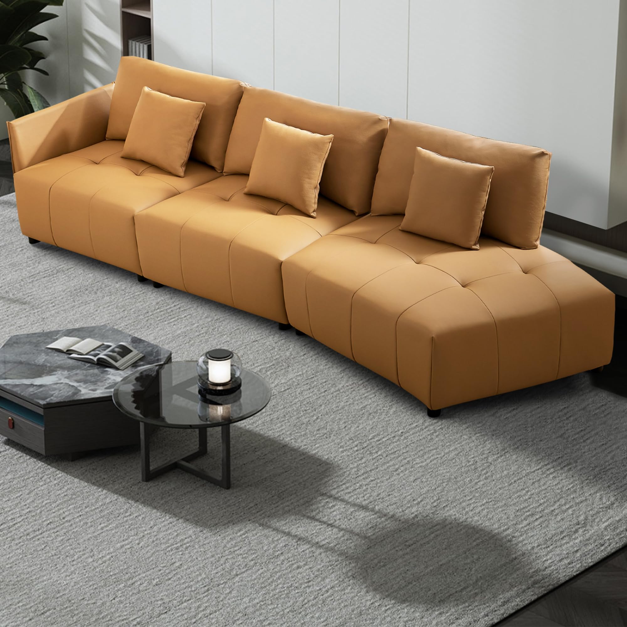 VnndeNest 120'' Sectional Sofa Couch, Genuine Leather Modular Sofa with Pillows, Ergonomic Modern Curved Couch, L-Shaped Couch with Chaise Lounge, 4-Seater Sofa Couch for Living Room, Apartment, Brown