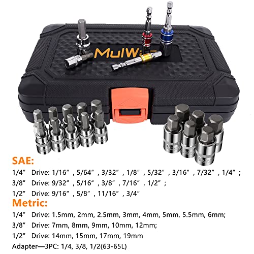 MULWARK 37 PCS Premium Hex Bit Allen Socket Set, 3/8, 1/4, 1/2 in. Drive, Automotive,Bike,Motorcycle& ATV | SAE & Metric S2 Steel & High Torque Strengthened CR-V Socket (regular, 37, Piece)