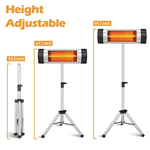 Outdoor Patio Heater, 1500W Electric Infrared Heater with Remote, 3 Modes, 24H Timer Auto Shut Off, Outdoor Space Heater with Tip-over Over-heat Protection, Waterproof,Wall-mounted/Tripod For Garage