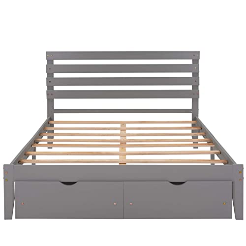 Queen Size Wood Platform Bed Frame with 2 Storage Drawers, Modern Classic Platform Bed with Headboard, Wood Slats Support, No Box Springs Needed for Bedroom Girls Boys (Grey)