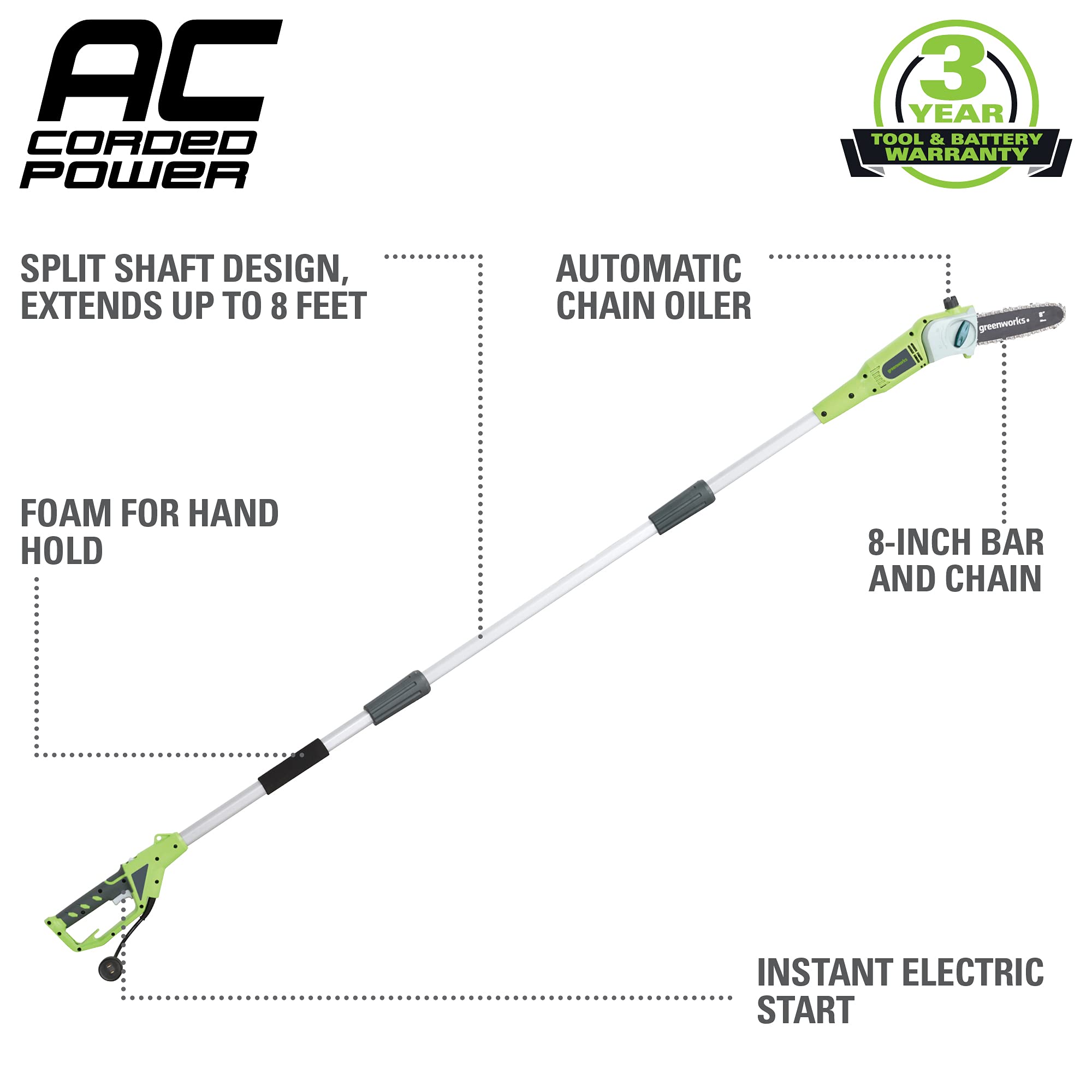 Greenworks 20192 8.5-Inch 6.5 Amp Electric Corded pole saw, Green