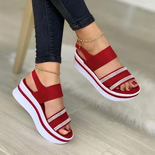 Platform Sandals Women Slip On Breathable Comfy Block Chunky Heeled Platform Sandals Office Wedding Dress Shoes Red