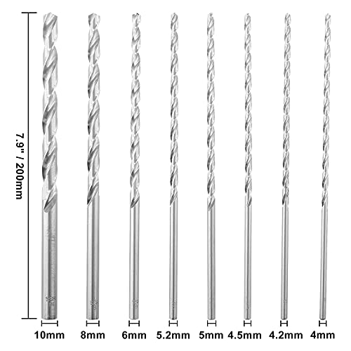 Murtenze 8Pcs 200mm Extra Long Twist Drill Bit Set, High-Speed Steel Straight Shank Twist Drill Bit for Wood Plastic and Aluminum(4/4.2/4.5/5/ 5.2/6/ 8/ 10mm)