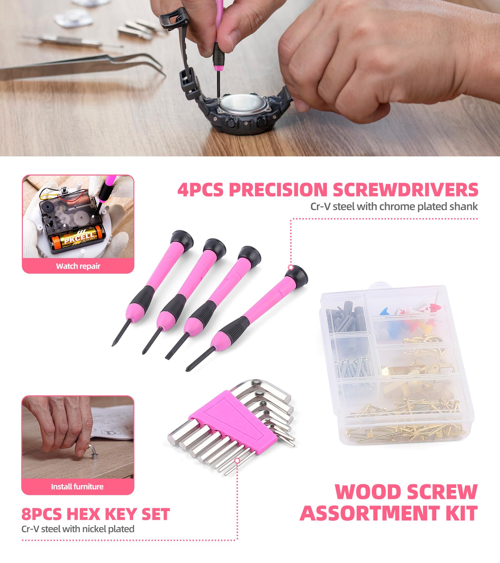 URASISTO Pink Household Tool Set with 3.6V USB Electric Screwdriver, 136 PCS Home Tool Kit with Cordless Lithium-ion Drill Driver, Hand Tool Kits for Women