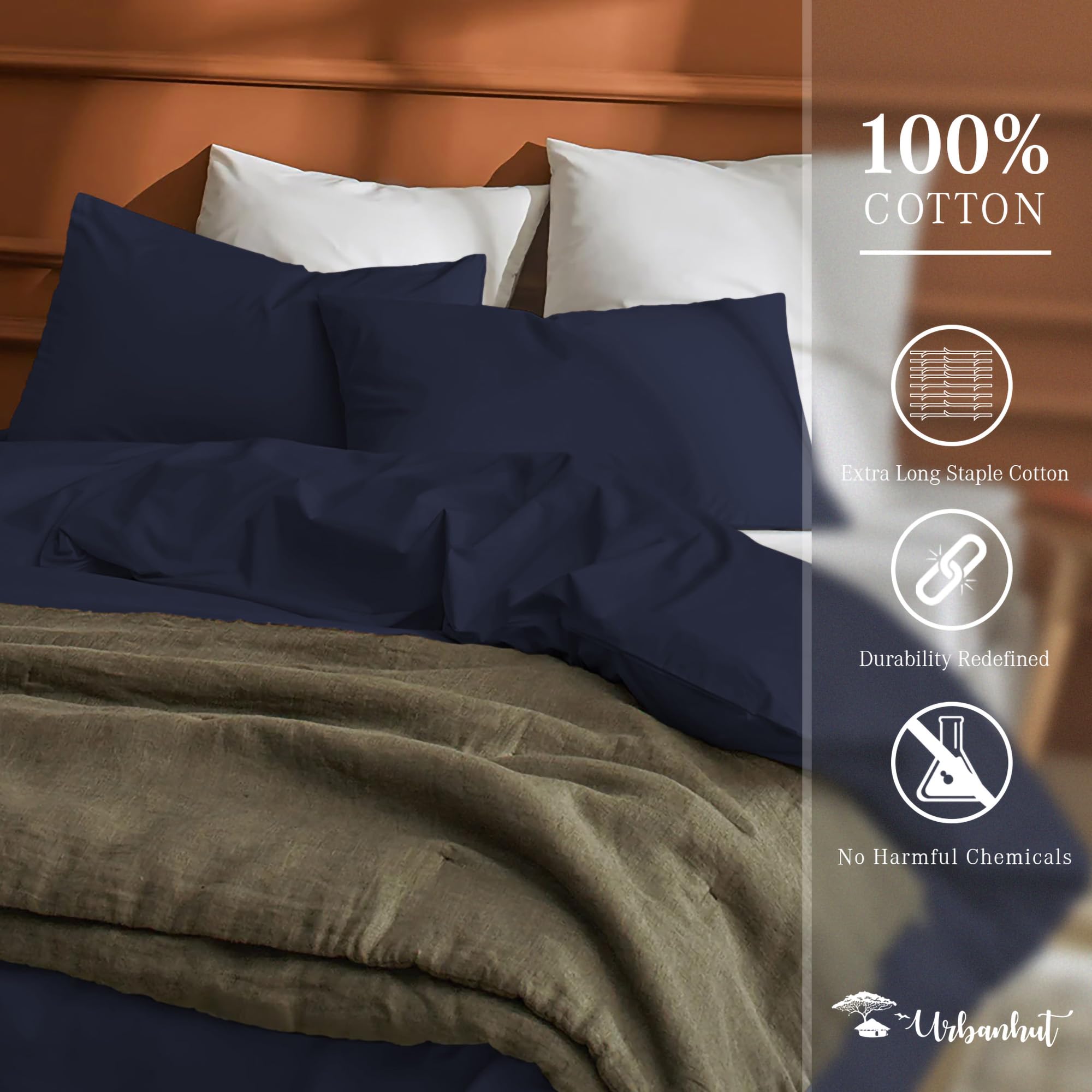 URBANHUT Queen Size Duvet Cover Set (3Pc),100% Cotton 400 Thread Count, Luxury Sateen Weave Quilt Cover, Soft & Breathable Comforter Cover with Hidden Button Closure and 2 Pillow Cases - Navy Blue