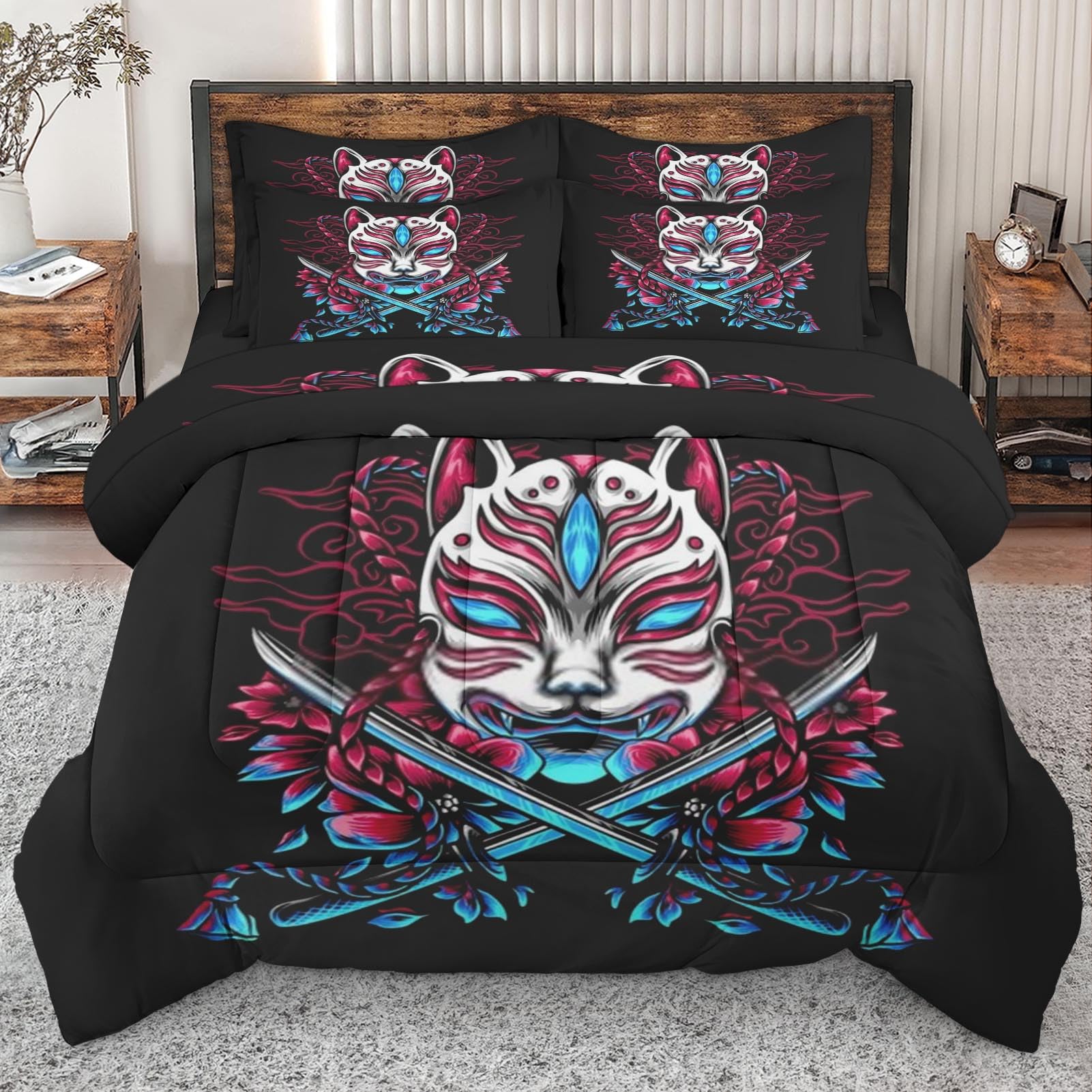 Pinbeam 7 Pcs Comforter Set Queen Size, Japanese Anime Fox Bed in a Bag with Flat Sheet and Fitted Sheet for Kids and Adults, Asian Animal Bedding Set with Pillowcase & Sham