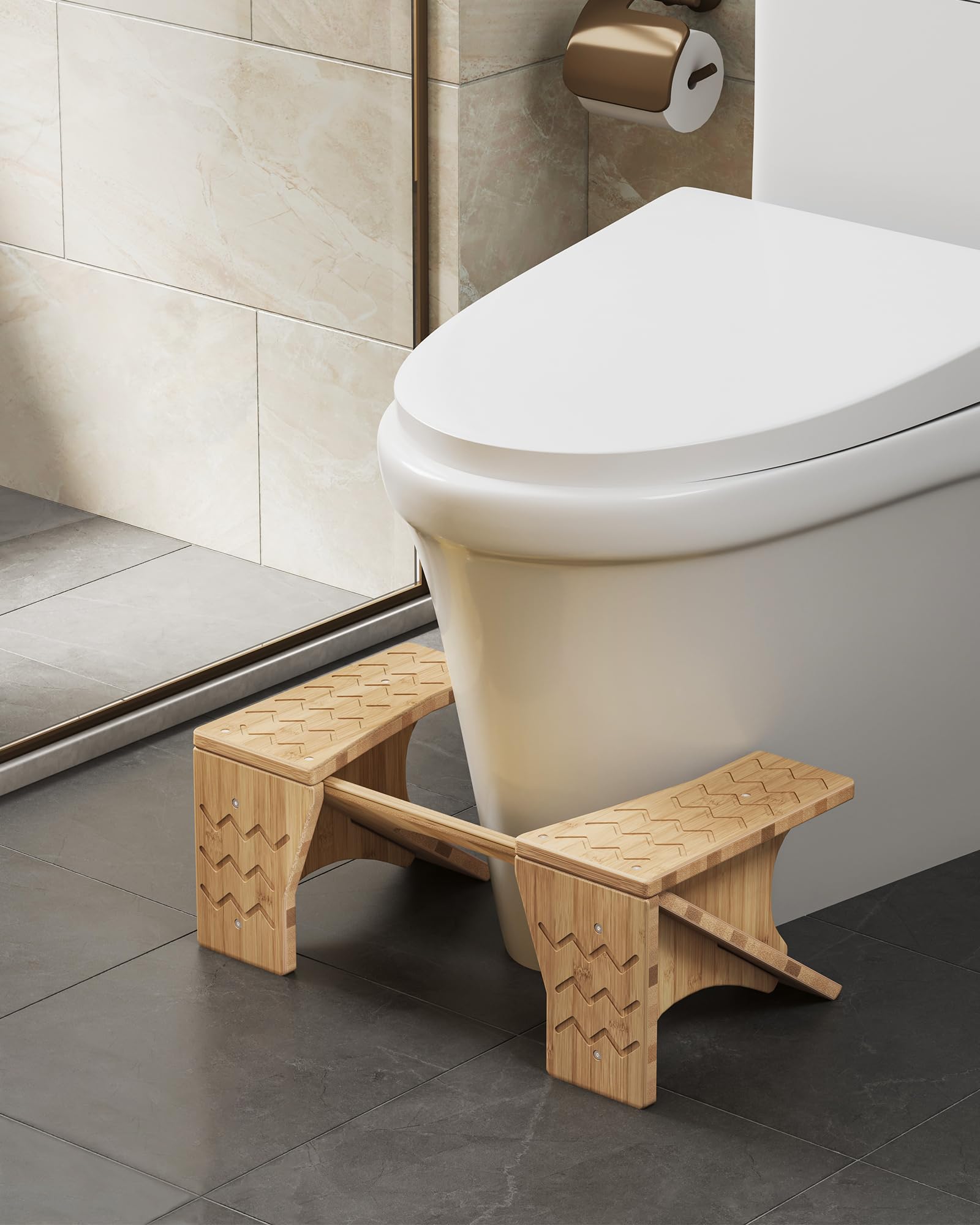 SONGMICS Bamboo Toilet Stool, Adjustable Poop Stool with Non-Slip Grooves, Height Convertible to 6.9 or 9.5 Inches, Squat Potty Stool for Bathroom, Space-Saving, Natural Beige UBCB111N01