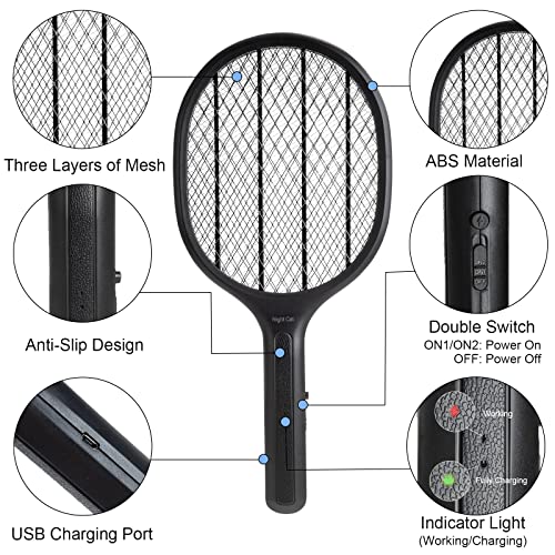 Night Cat Electric Fly Swatter Racket Bug Zapper Indoor Mosquito Killer USB Rechargeable Lightweight Double Layers Protection