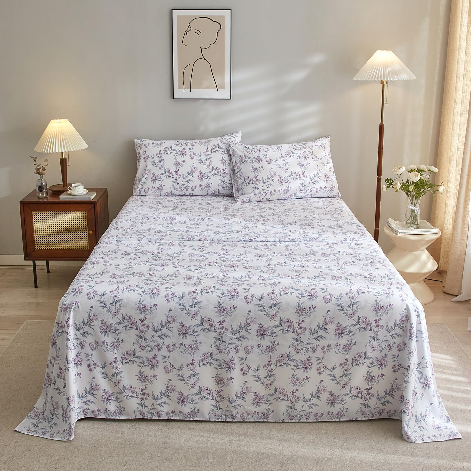 VClife Modern Girl Floral Printed Sheets Cooling Soft Washed Microfiber Pink Green Floral Branches King Size Bed Sheets 16" Extra Deep Pocket Design Bedding Sets - Shrink Resistant, Skin-Friendly