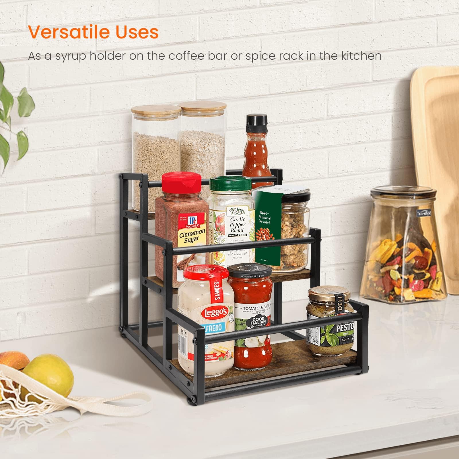Homode Coffee Syrup Rack Organizer, 12 Bottle Syrup Holder Stand for Coffee Bar, 3 Tier Shelf Storage Rack for Liquor Syrup Wine for Countertop, Kitchen, Coffee Station, Rustic Brown Black
