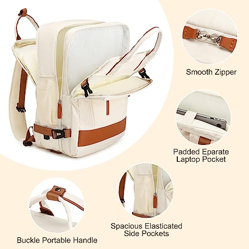 InduSKY Large Travel Backpack for Women, 40L Carry On Backpack Airline Flight Approved with USB Charging Port Shoes Compartment, Personal Luggage Backpack 15.6 Inch Laptop Backpack(Beige+Navy Blue)