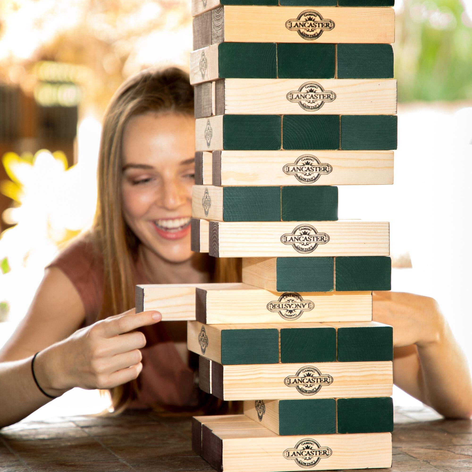 Lancaster Gaming Company Giant Oversized Wooden Jumbo Tumbling Tower Outdoor Game for Tailgating, Camping, 54 Pieces, Black & Pine