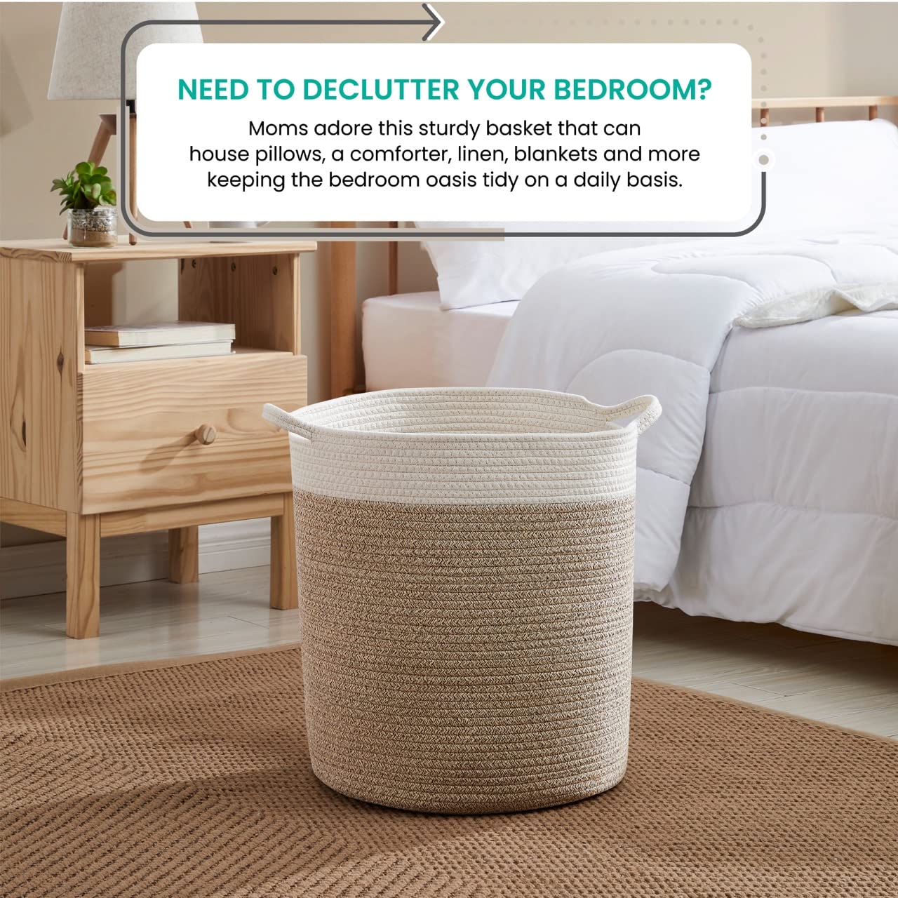 Organizix Large Cotton Rope Laundry Hamper Woven Basket with Handles, Storage Basket for Toys, Blanket, Throws, Pillows and Towels - 18 x 16, White/Beige