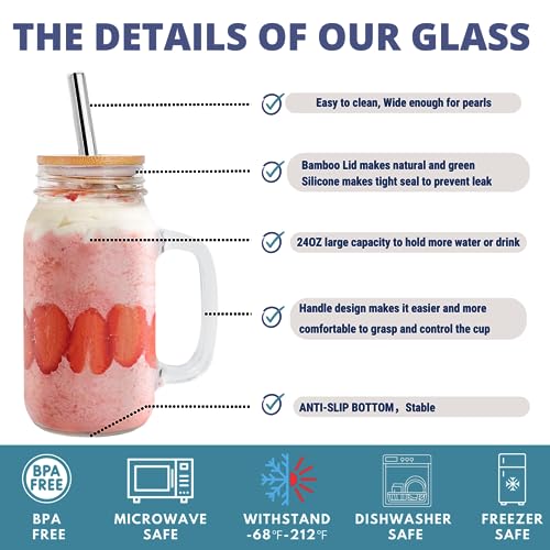 JIAGUOOL 4pcs Drinking Glasses Mason Jar with Handle Mason Jar Cups 24oz Mason Jar Mugs Iced Coffee Tumbler Smoothie Cup for Boba Juice Milk Tea