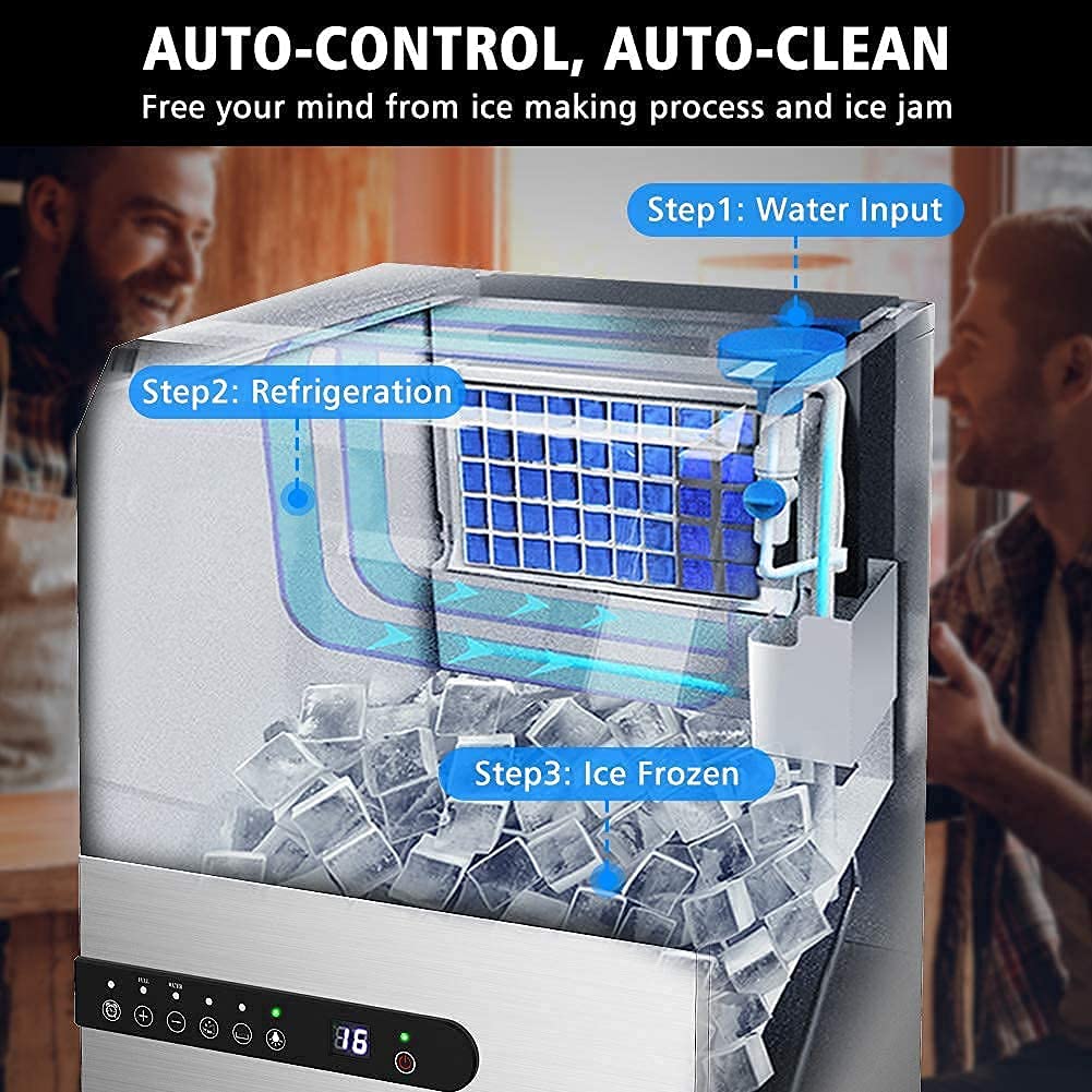 LifePlus Commercial Ice Maker Machine 100Lbs/24H, Stainless Steel Under Counter ice Machine with Large Storage Bin, 2 Way Water Supply, Freestanding for Home Party Shop Office Bar