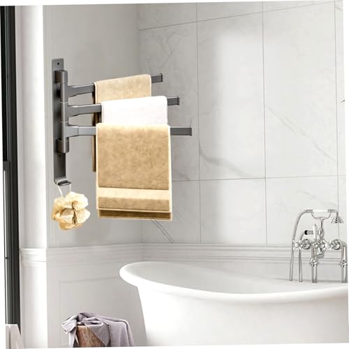 Swivel Towel Rack, 12" 3-Arm Wall Mounted Towel Rack, 180 Degree Swing Out Bathroom Towel Rack for Multiple Towels, Anti-Slip Towel Bar with Hook for Bathroom, Kitchen, Wall(Gun-Grey)