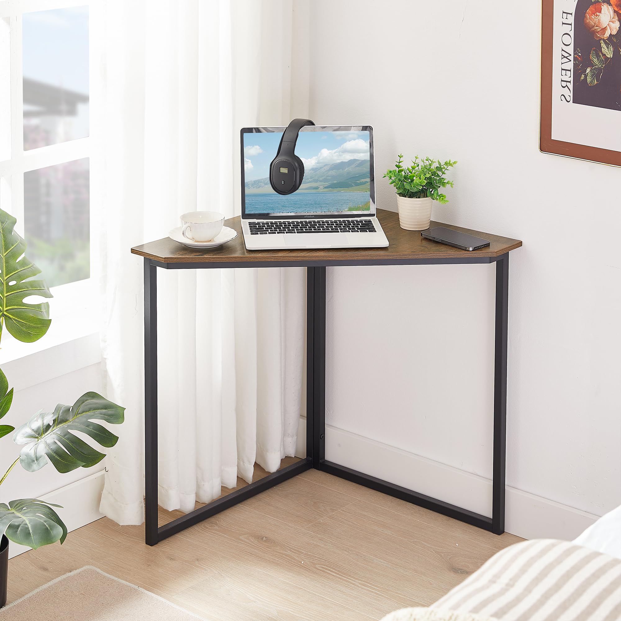 VECELO Corner Shelf, End/Side Tables Triangle Shelves with Metal Frame for Small Space, Living Room, Kitchen, Bathroom, 33.1", Brown