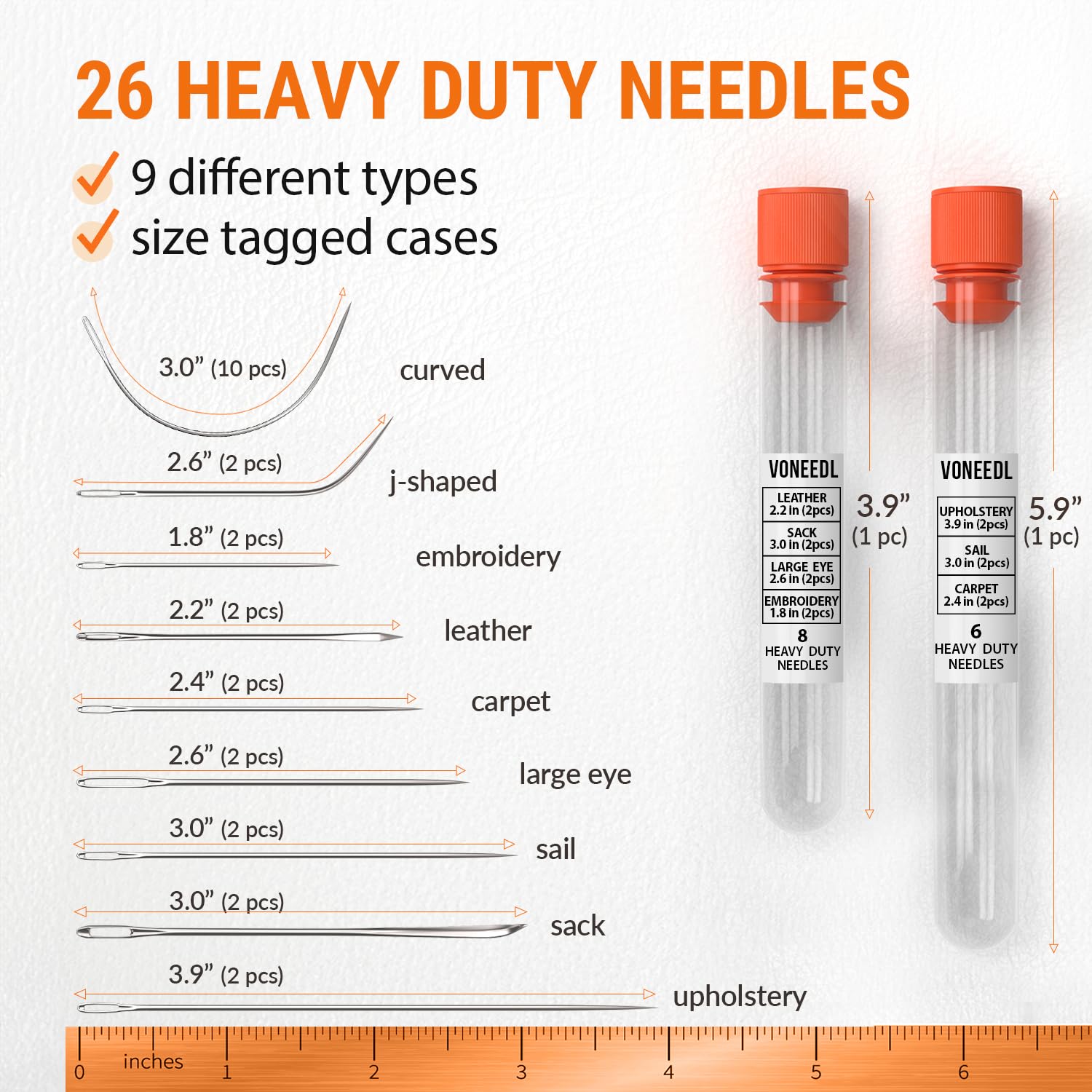 VONEEDL Heavy Duty Hand Sewing Needles Set - 26 Straight and Curved Hand Sewing Needles for Upholstery, Leather, Carpet, Canvas Repair and Sail Crafts