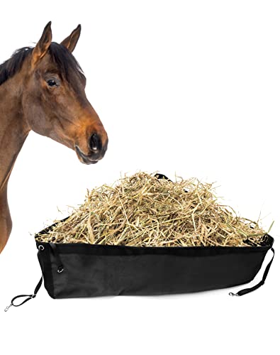 QWORK Hay Feed Bags for Horse, Large Capacity Corner Hay Bag, Reduces Waste, with Mesh Bottom and Snap Closure, for Horse Trailer Stalls, Black