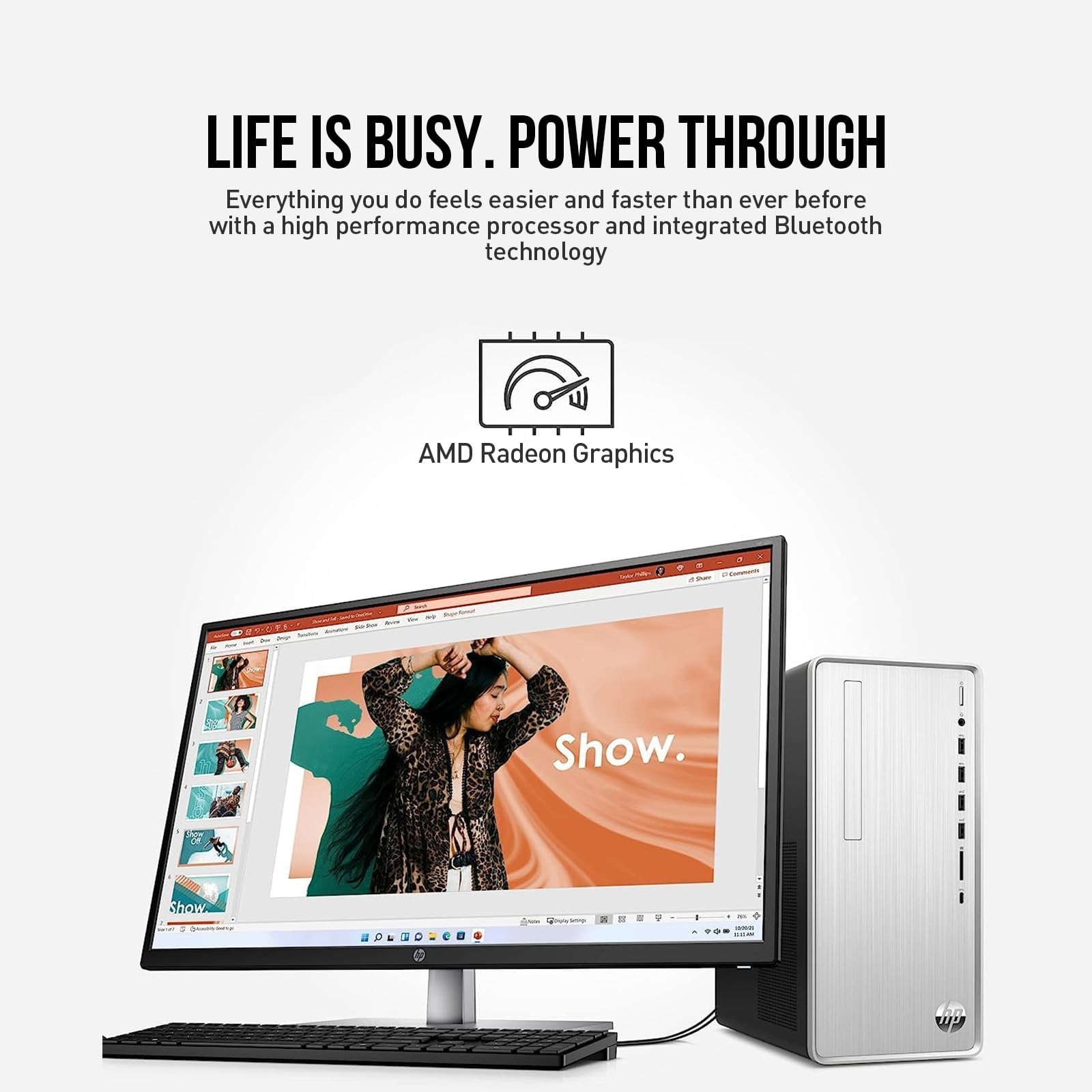 HP Pavilion Gaming Desktop, AMD Ryzen 5 5600G, 16GB RAM, 1TB HDD, 1TB SSD, Windows 11 Pro, Bluetooth, HDMI, Wi-Fi 5, SD Card Reader, Natural Silver, PCM