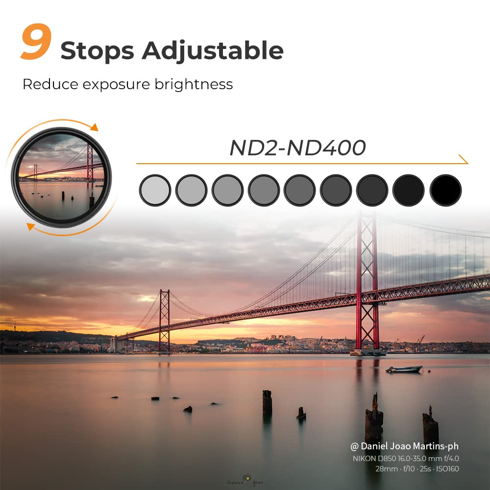 K&F Concept 52mm Variable ND Lens Filter ND2-ND400 (1-9 Stops) 18 Multi-Layer Coatings Adjustable Neutral Density Ultra Slim Lens Filter for Camera Lens (K-Series)
