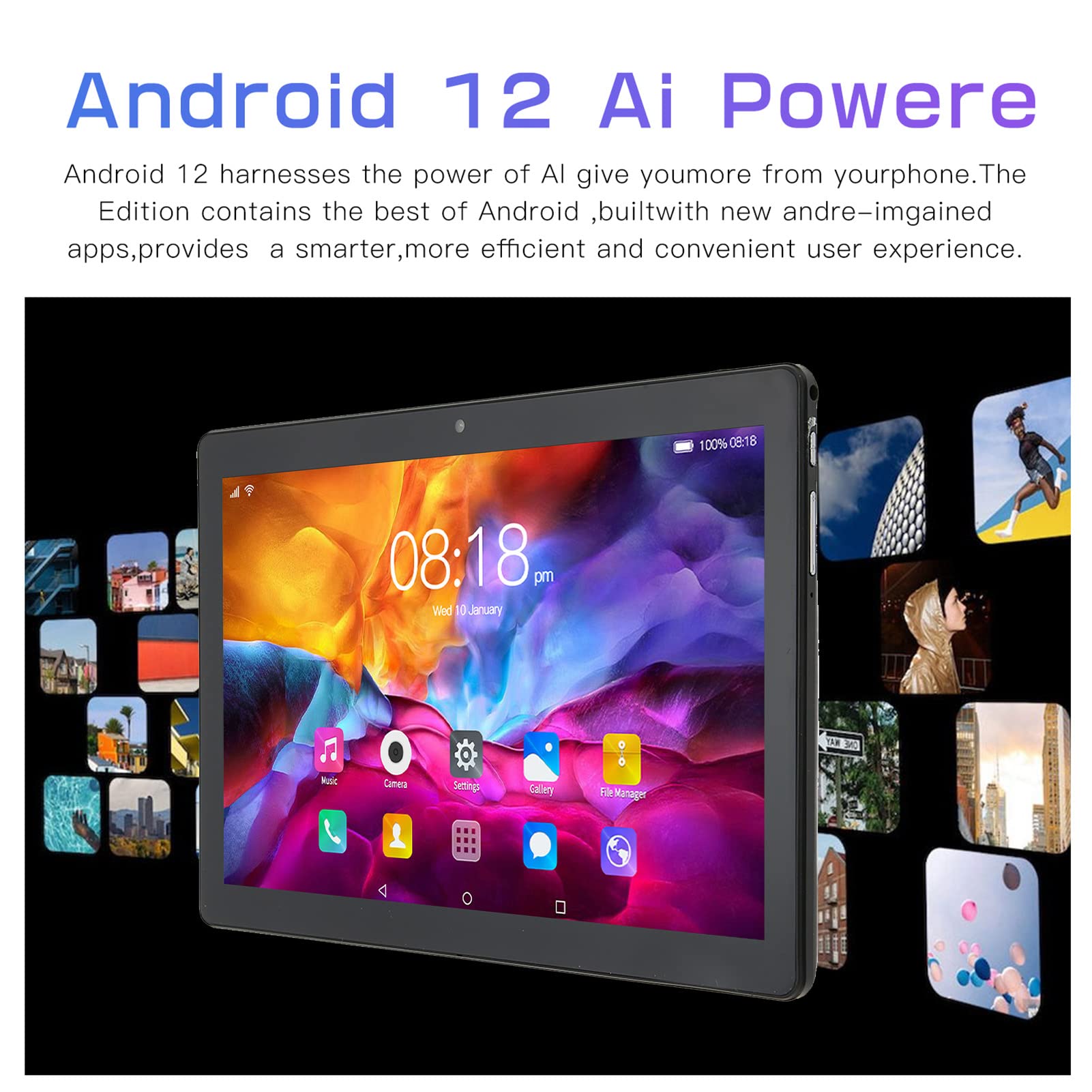 soobu 10.1 Inch Tablet, Calling Tablet Black 10.1 Inch 1960x1080 IPS 5G WiFi for Android12 for Painting (US Plug)