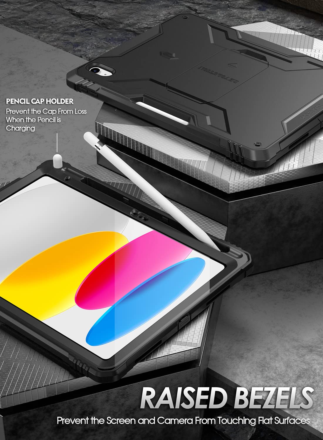 Poetic Revolution Case Designed for iPad 10.9 10th Gen (2022), Full-Body Rugged Shockproof Protective Cover with Kickstand and Built-in-Screen Protector, Only Applicable to iPad 10th Generation, Black