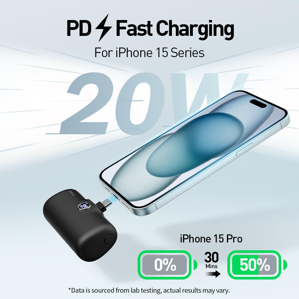 iWALK Portable Charger 4800mAh 20W USB C Power Bank Small Fast Charging Docking Battery Pack with LED Display Compatible with iPhone 15,15 Plus,15 Pro,15 Pro Max,Black