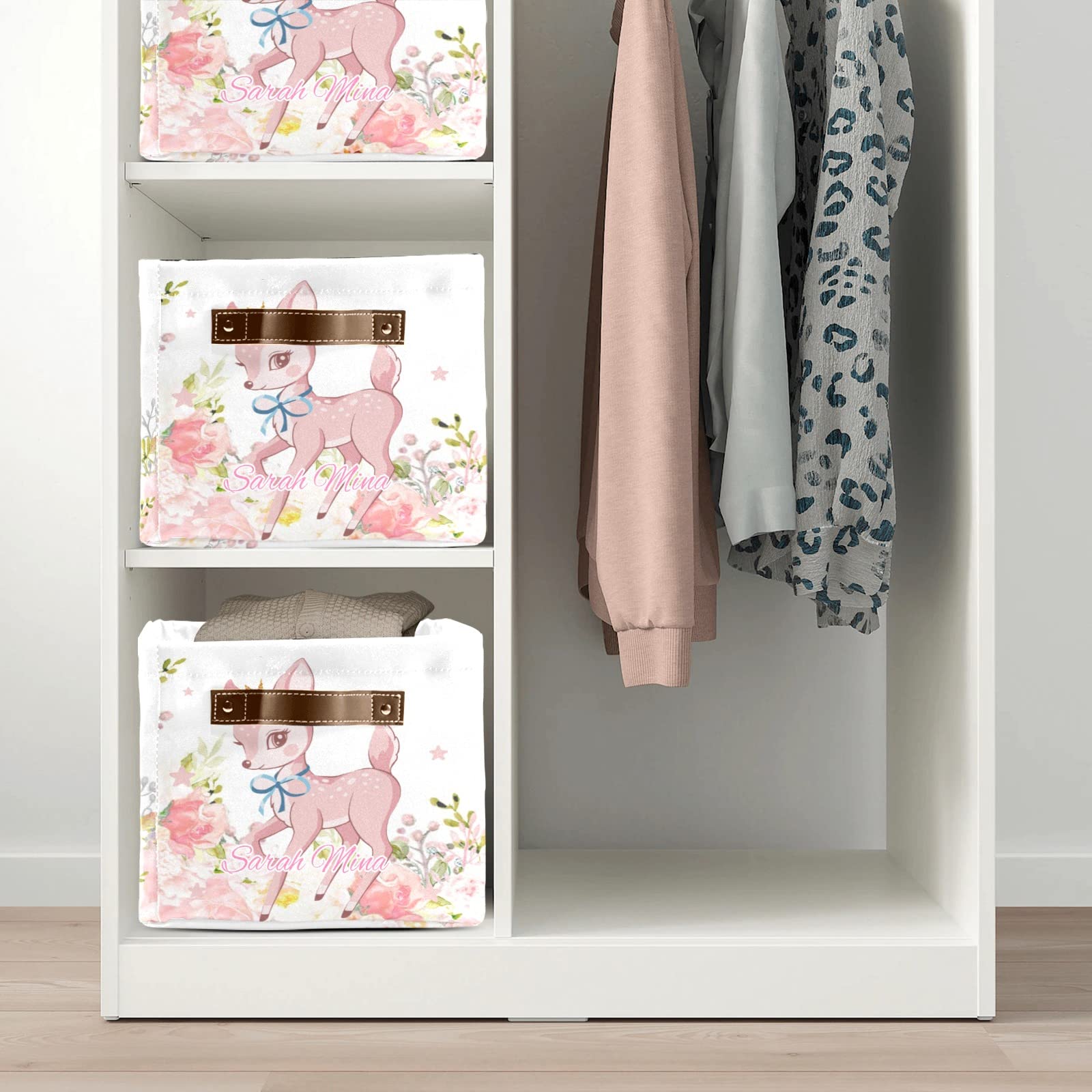 Pink Bambi Deer Custom Storage Basket,Personalized Storage Bins Cubes Organizer with Handle for Bedroom Wardrobe,Nursery,Basket 1 Pack