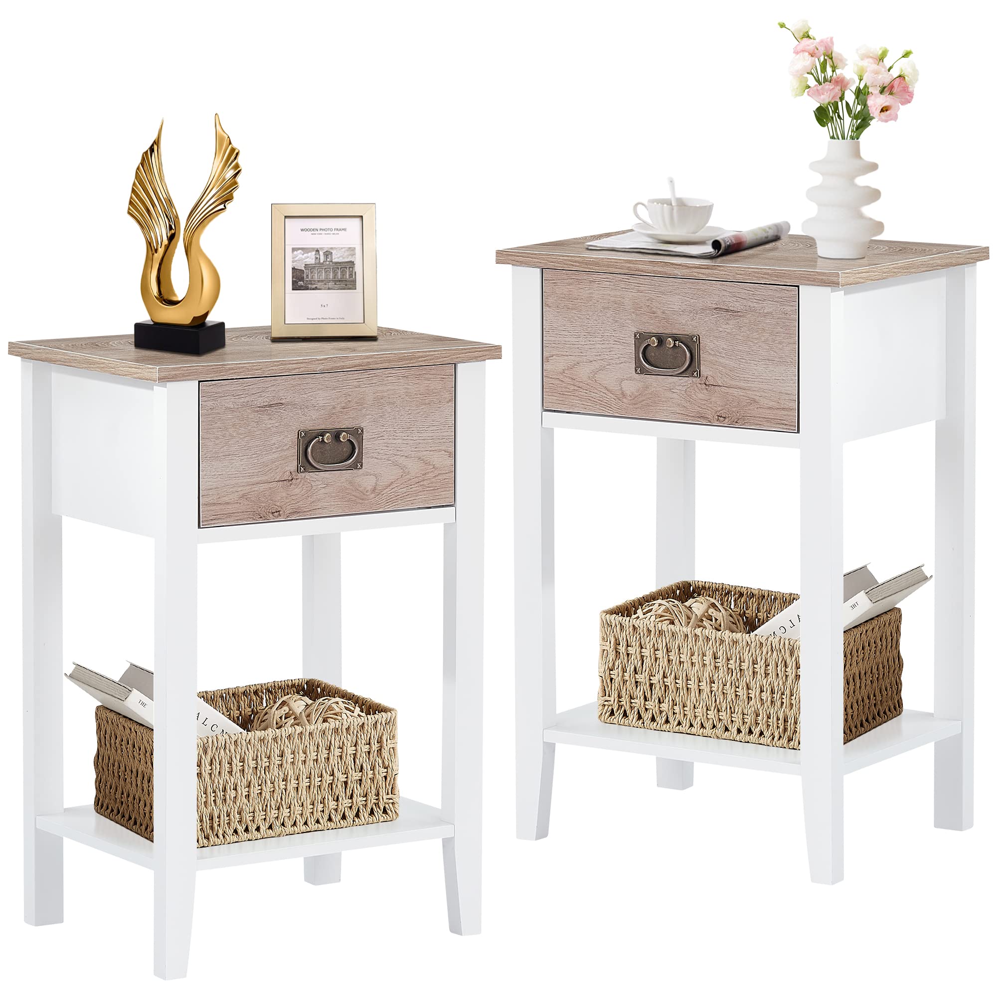 VECELO Nightstands Set of 2, Side End Table with Drawers for Bedroom, Living Room Sofa Bedside, Vintage Accent Furniture Small Space Storage Cabinet, Solid Wood Legs