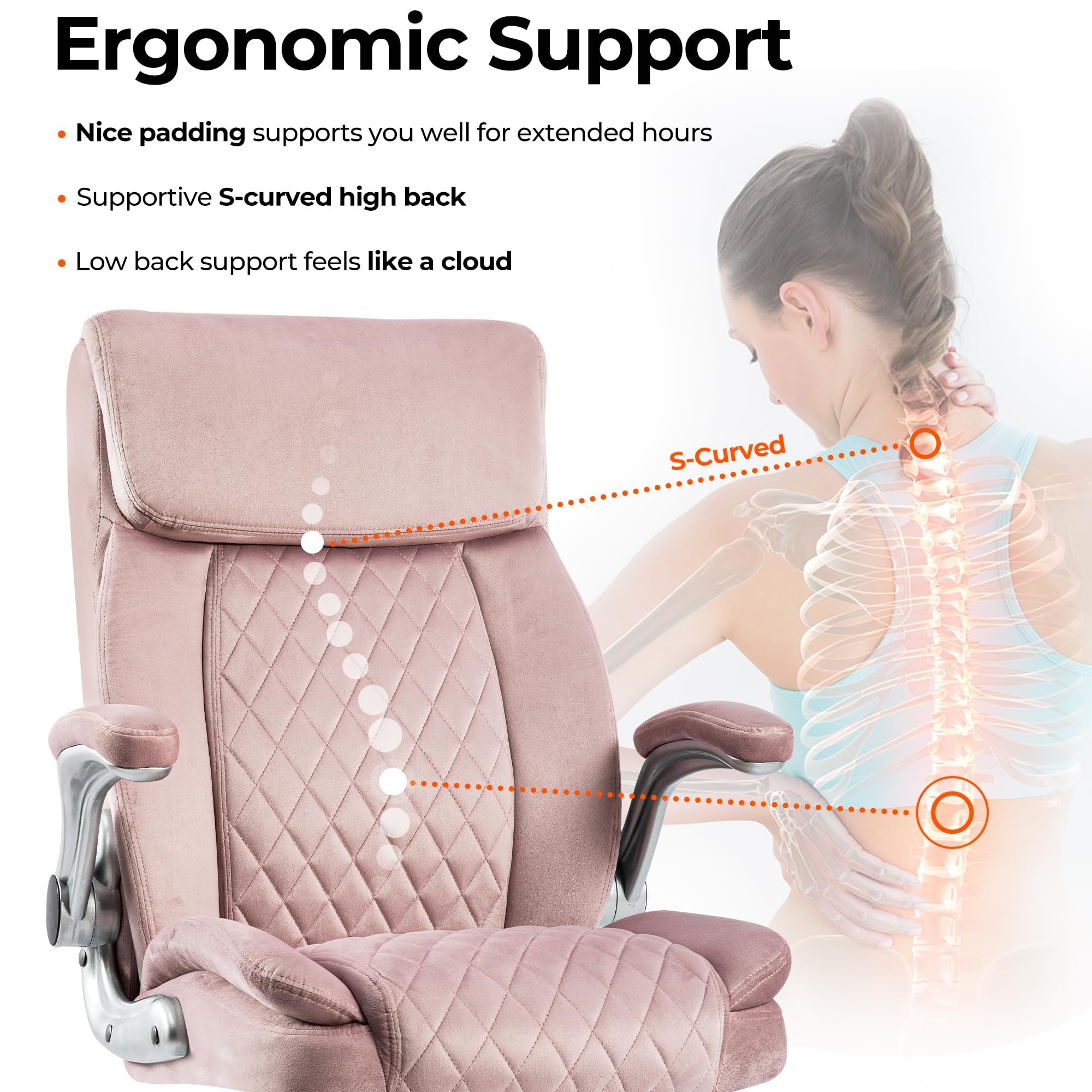 HOMYEDAMIC Velvet Ergonomic Office Chair, Adjustable Arms Wide Managerial Executive Home Desk Computer Chair Big and Tall with High Back Lumbar Support Wheels Comfortable (7013-Pink)