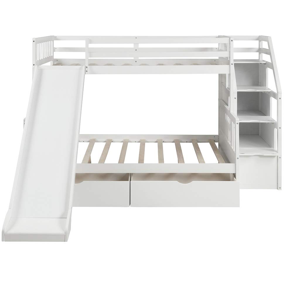 Harper & Bright Designs Twin Over Full Bunk Beds, Storage Low Bunk Beds with Slide and Staircase, No Box Spring Needed (Low Bunk Beds Twin Over Full White)